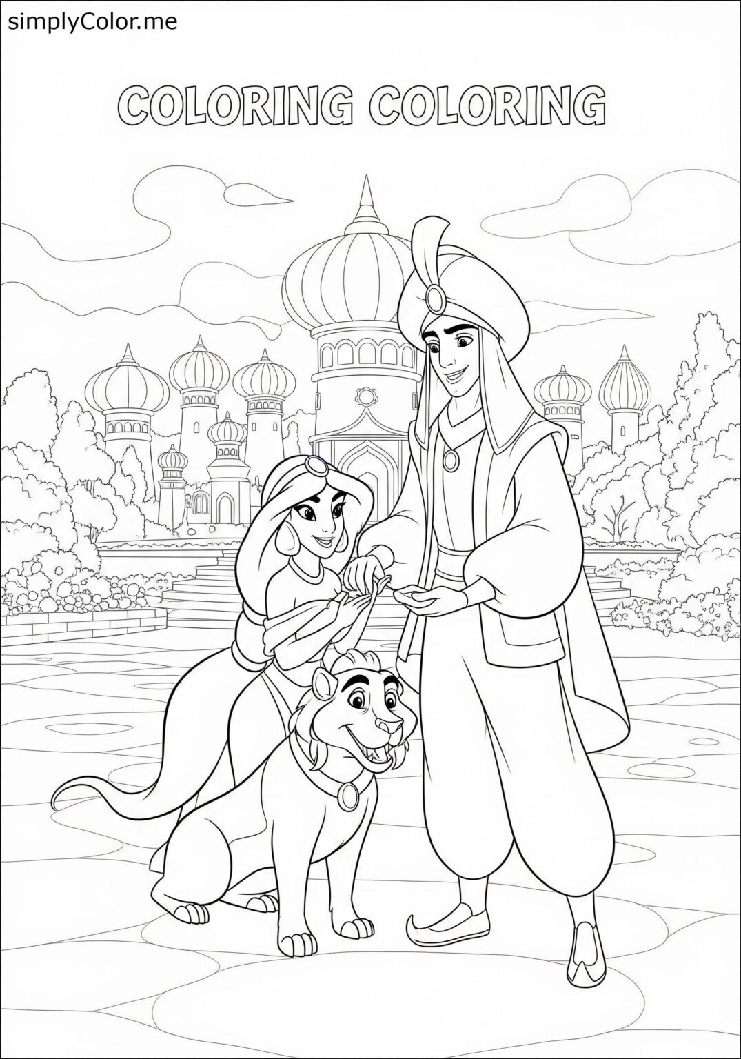 Aladdin Jasmine and Raja palace garden coloring page - Simply color me