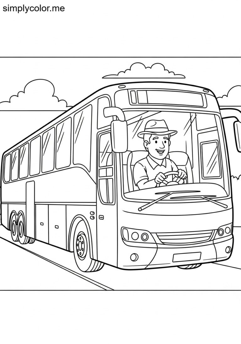 A coach drives a tour bus printable coloring page for kids - Simply ...