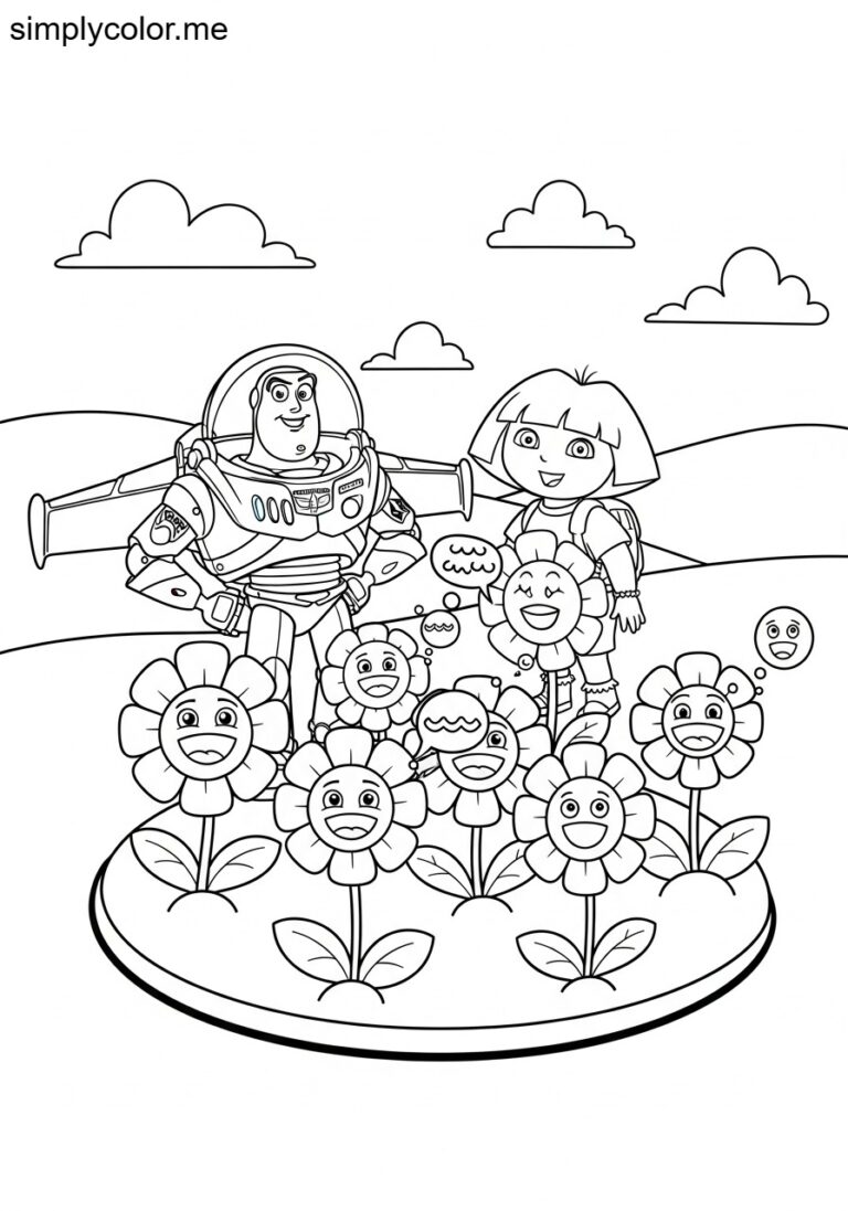 Buzz Lightyear and Dora the Explorer planting a magical garden full of talking flowers coloring ...