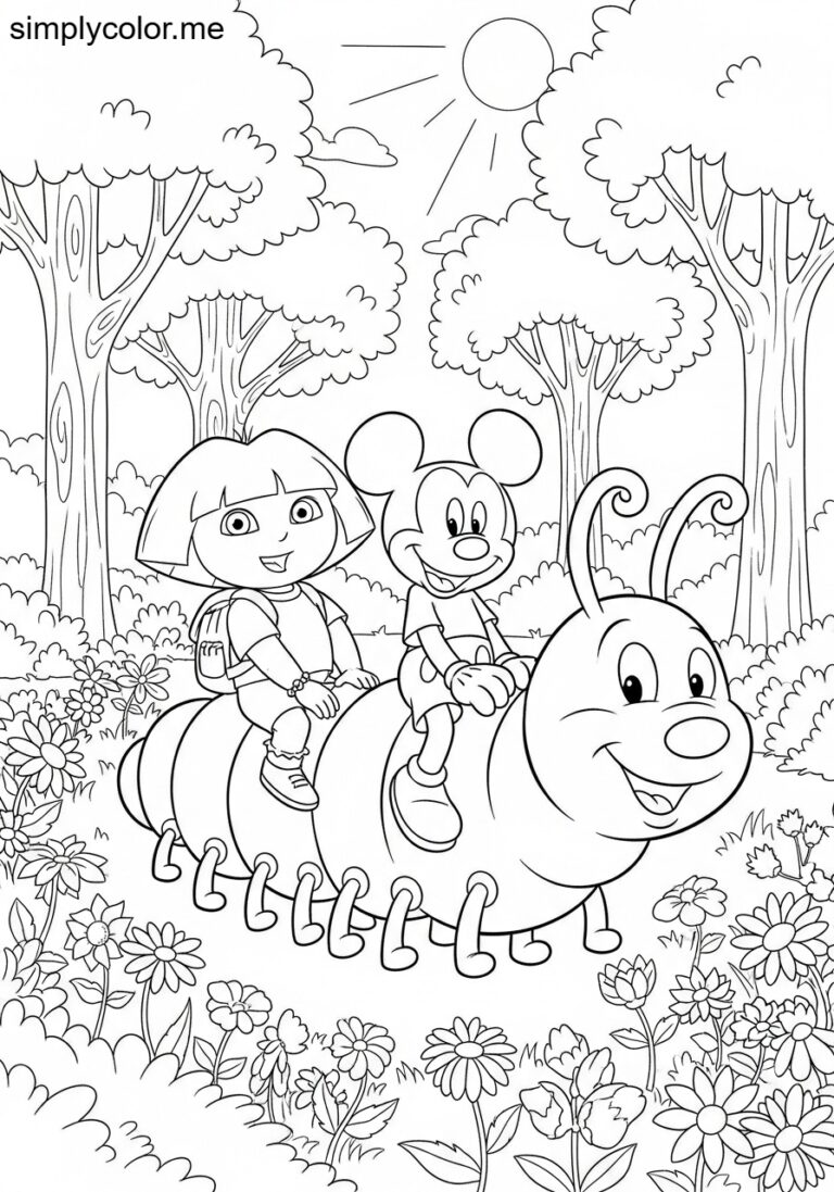Dora the Explorer and Mickey Mouse riding a giant caterpillar through a ...